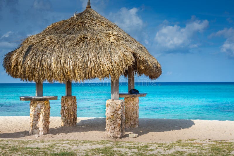 Aruba Idyllic Caribbean Beach At Sunny Day With Rustic Palapa Dutch