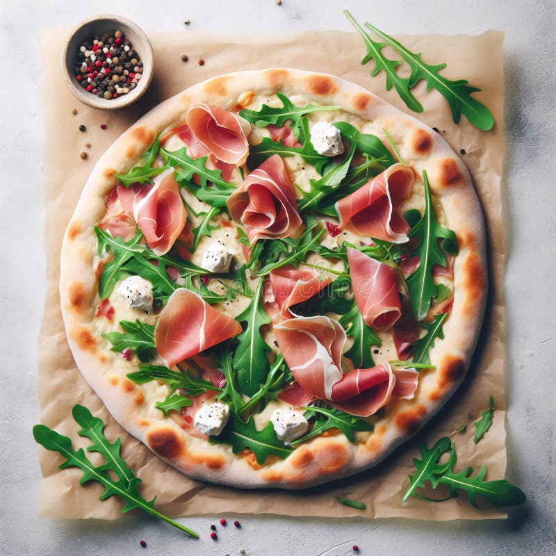 Arugula and Prosciutto Pizza on Parchment Paper, Topped with Dollops of ...