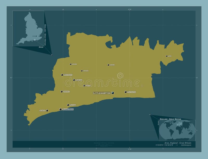 Arun, England - Great Britain. Solid. Labelled Points of Cities Stock ...