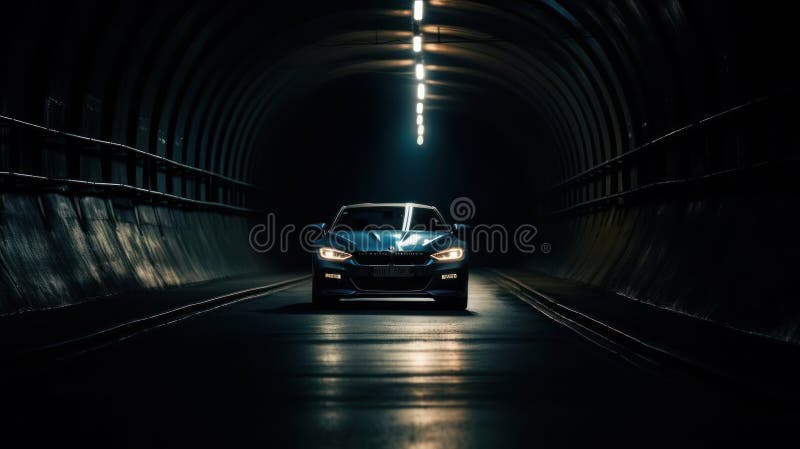 A Car Drives through a Tunnel the Headlights Illuminating the Darkness ...