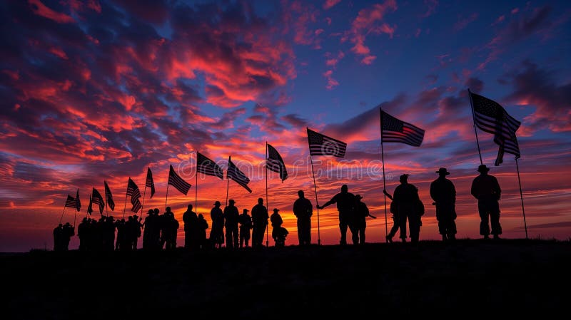 Patriotic Dawn with American Flags and Silhouettes Stock Illustration ...