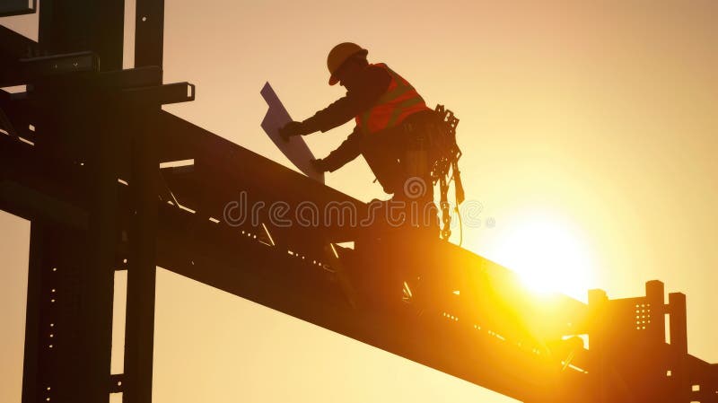 Construction Worker Inspecting Blueprints at Dawn AIG41 Stock ...