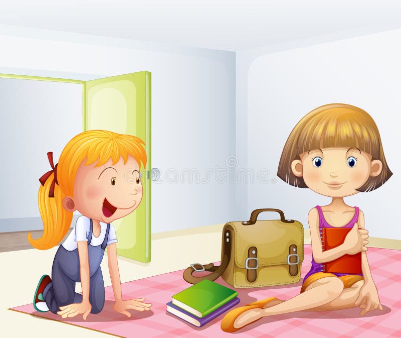 As Duas Meninas Dentro De Uma Sala Com Livros Ilustração Do Vetor