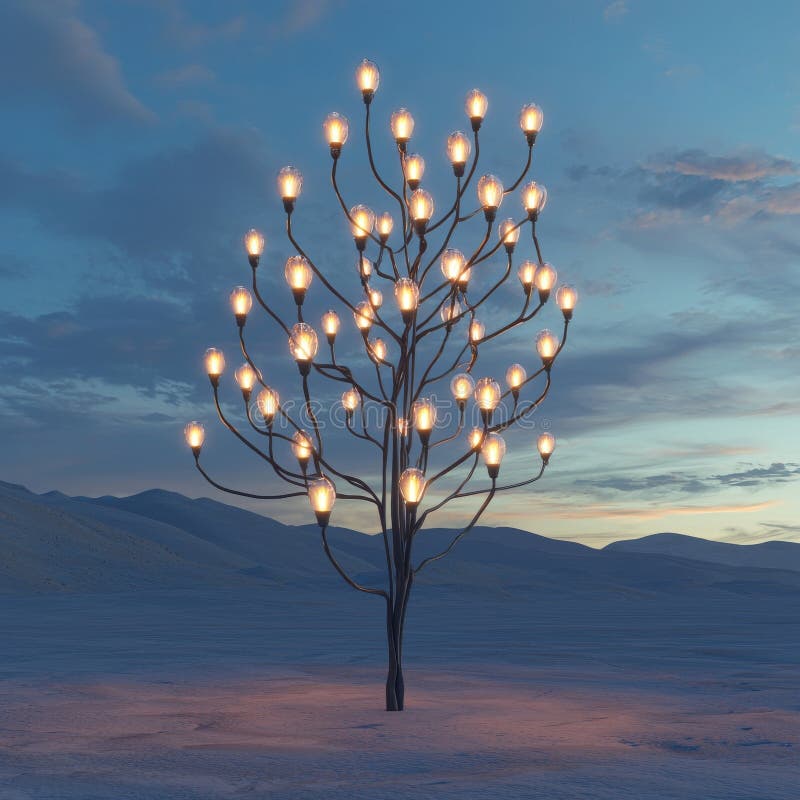 As Dusk Falls, a Tree Glowing with Hanging Bulbs Stands Out in an Empty ...