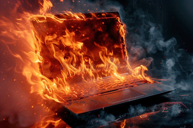 As a Result of Battery Damage, Laptop Computer is on Fire Stock Photo ...