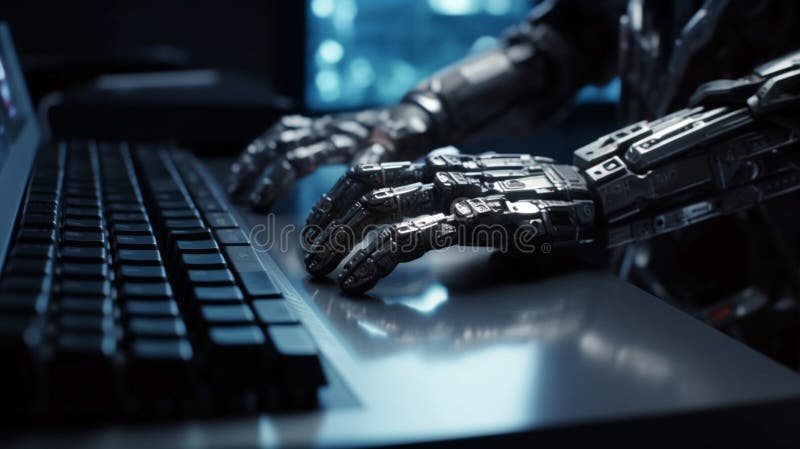 As The Robotic Hand Swiftly Types On The Keyboard Ai Generative Stock Illustration