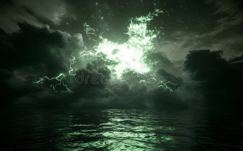 As the Storm Rages on a Night, a Reflective Surface is Lit by Bright ...