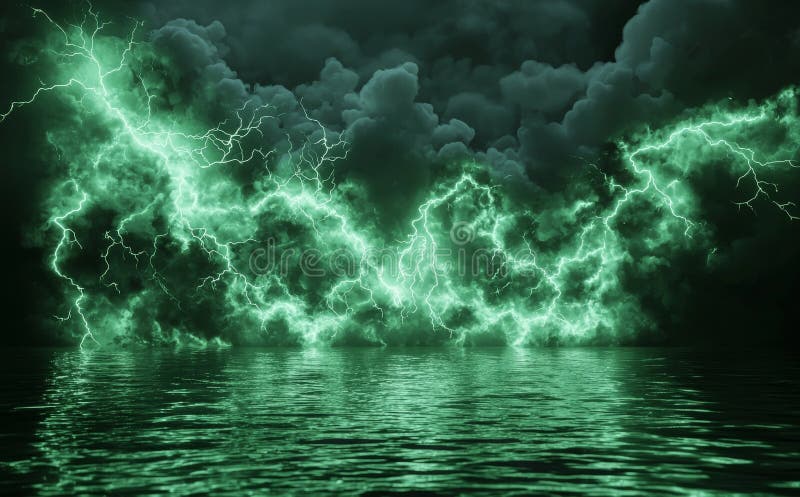 As the Storm Rages at Night, a Reflective Surface is Lit by Brilliant ...