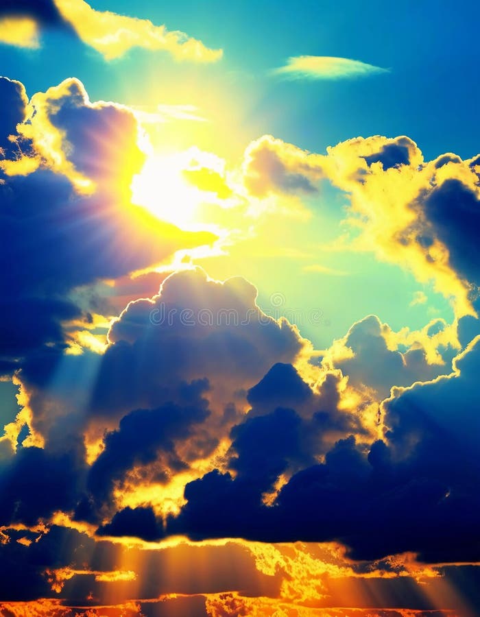 As the Sun Dips Below the Horizon, Brilliant Rays of Light Cut through Fluffy Clouds, Creating a ...