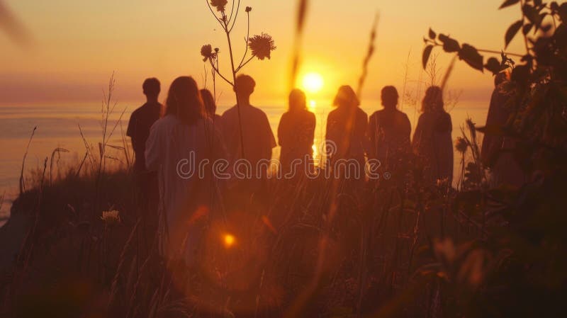 As the Sun Dips Below the Horizon a Group of People Stand in the Fading ...