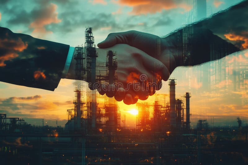 A Strong Handshake Symbolizes Partnership at Dusk Over an Industrial ...