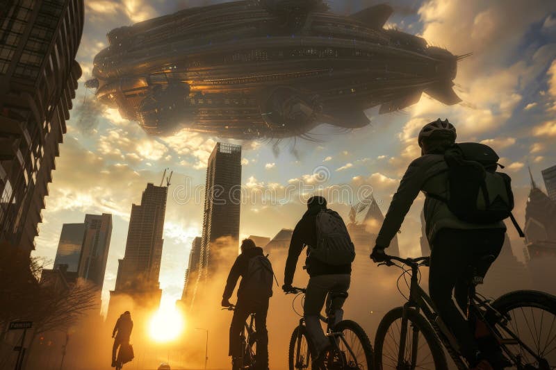 As the Sun Sets Behind Skyscrapers a Group on Bicycles Watches an Alien ... As the Sun Sets Behind Skyscrapers a Group on Bicycles Watches an Alien ...