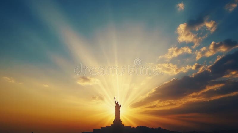 Statue of Liberty Silhouetted Against a Vibrant Sunset with Rays of ...