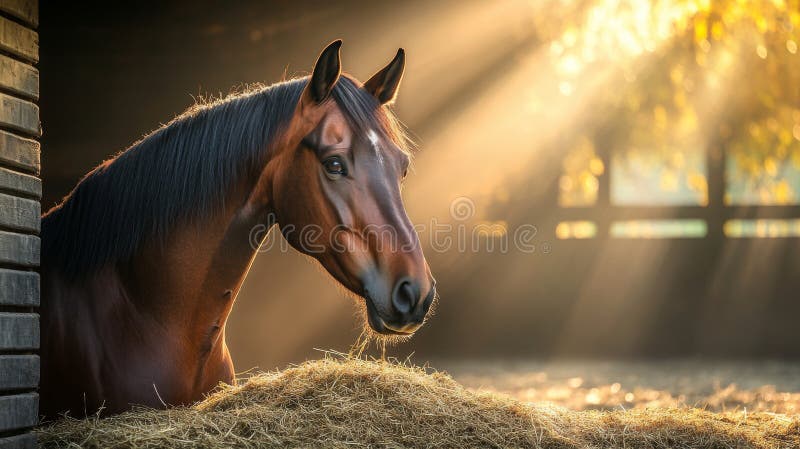 As the Sun Sets, a Brown Horse Enjoys Hay in a Sunlit Stable Stock ...