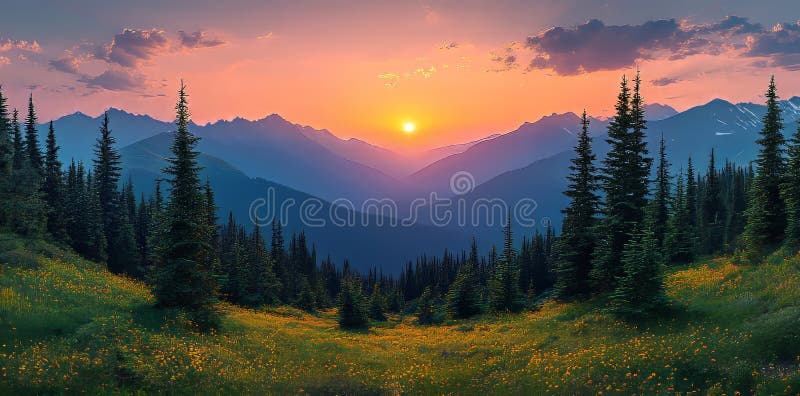 As the Sun Sets, the Composite Mountain Landscape Showcases a Grassy ...