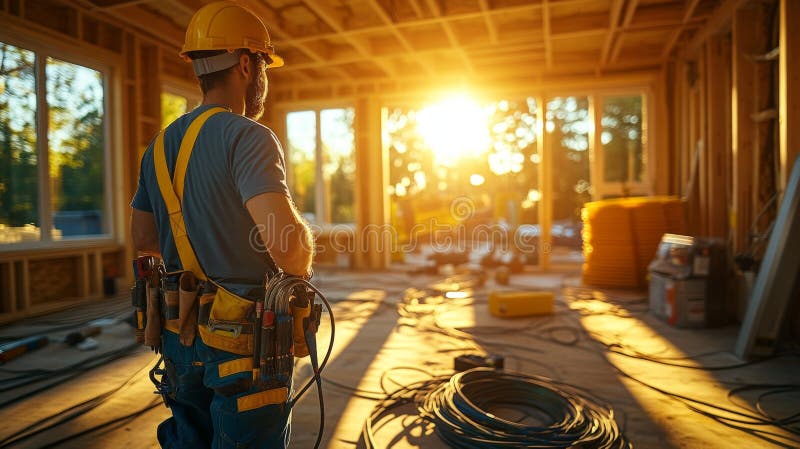 A Construction Worker Oversees a Building Site at Sunset, Preparing ...