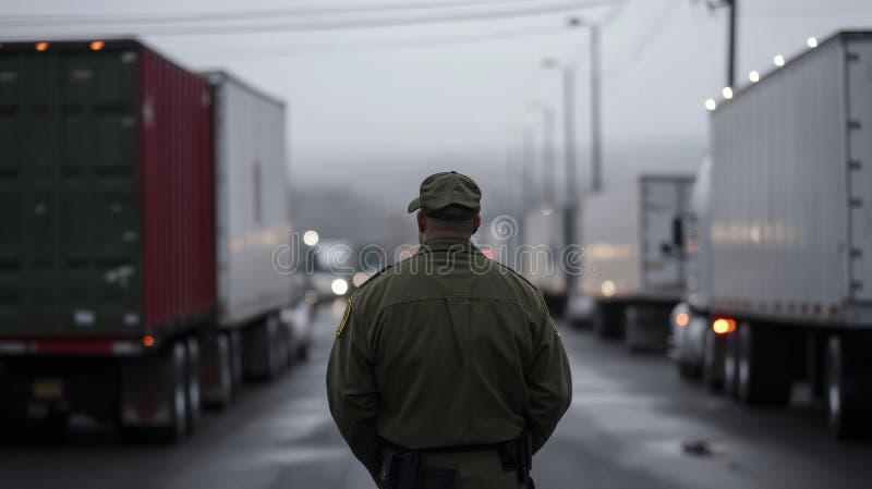 As the Sun Sets, a Customs Officer Watches Over Trucks at a Border ...