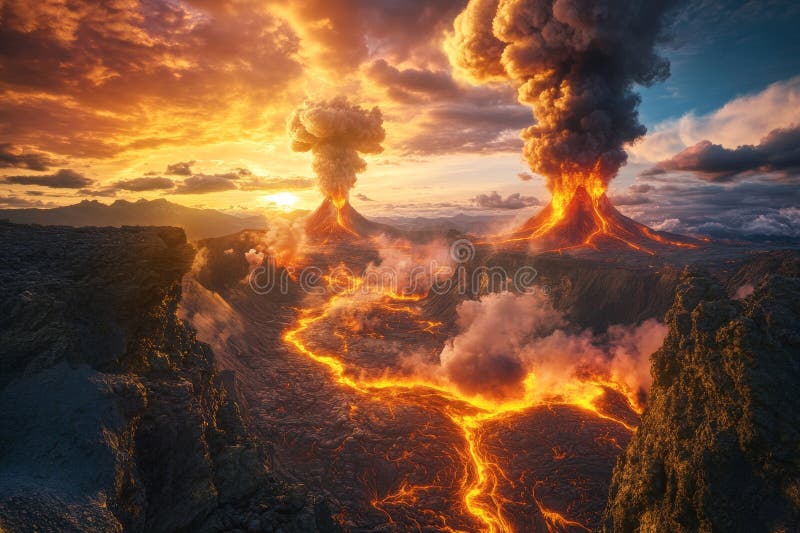 As the Sun Sets Dramatically, a Volcanic Eruption Sends Fiery Lava ...