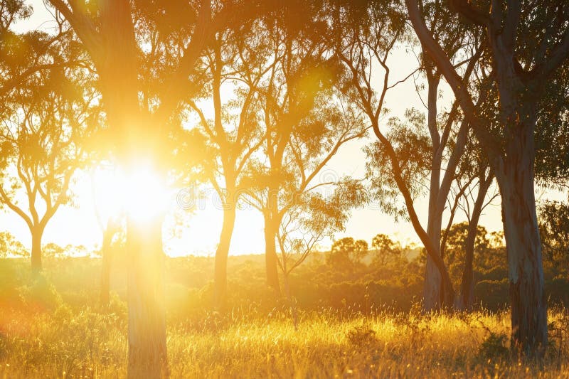 As the Sun Sets, Golden Rays Filter through the Eucalyptus Trees by the ...