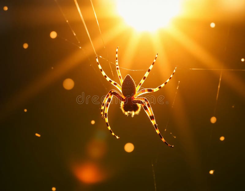 As the Sun Sets, Golden Rays Filter through a Spider Web, Highlighting ...