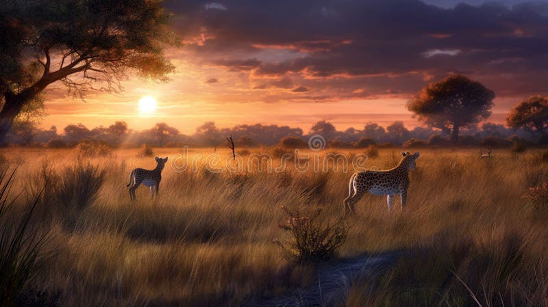 As the Sun Sets Over the Savannah a Small Group. Generative AI Stock ...