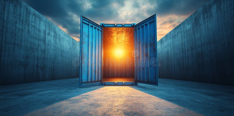 As the Sun Sets, a Rustic Steel Shipping Container is Open on a ...