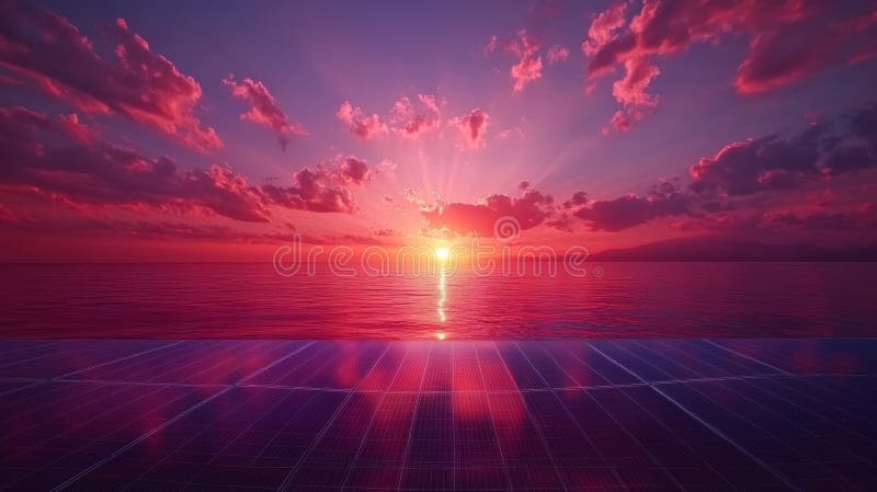 As the Sun Sets, Solar Panels Capture the Scenic Horizon, Representing ...