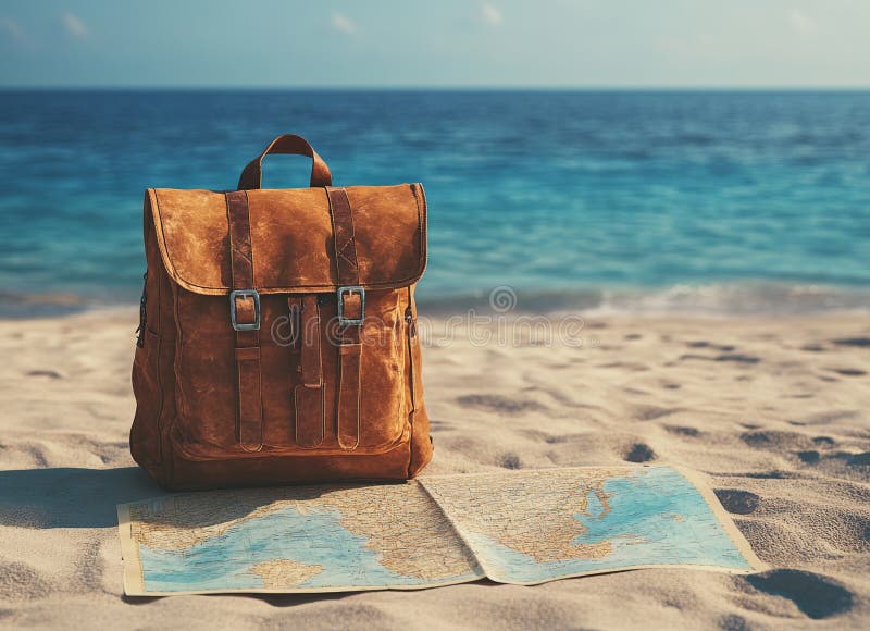 As the Sun Sets, a Tan Backpack and a World Map Lie on the Sandy Beach ...