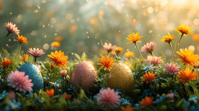 Bright Easter Eggs Await in a Floral Paradise. Stock Illustration ...