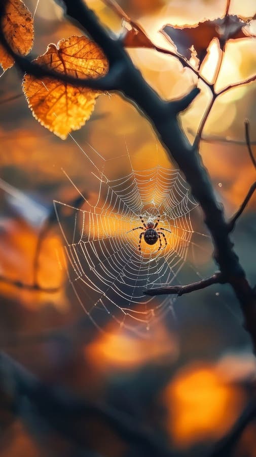 A Golden Autumn Morning Reveals a Spider Weaving Its Intricate Web ...
