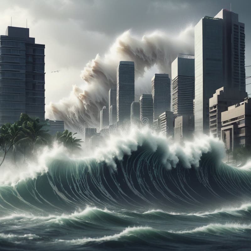 Huge Tsunami Water Hits Large City. Modern City S Skyscrapers Submerged ...