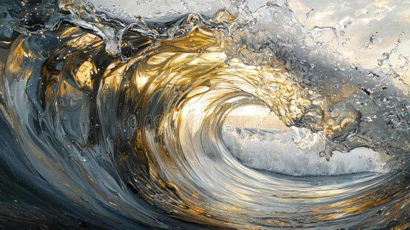 As a Wave Breaks, it Creates a Tunnel of Water with a Radiant Golden ...