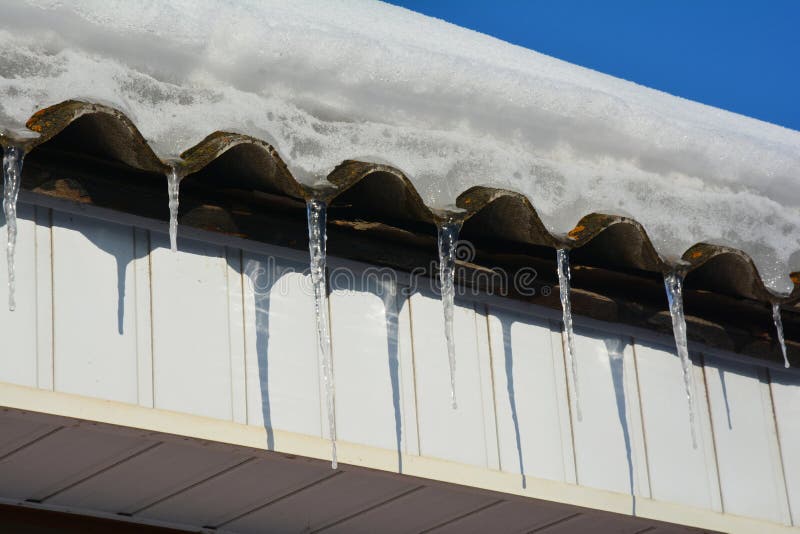 Asbestos House Roof Covered Snow with Icicles Stock Photo - Image of ...