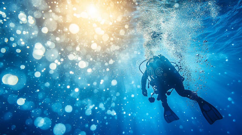 Ascending from the Deep Blue a Silhouette of a Scuba Diver Rising ...