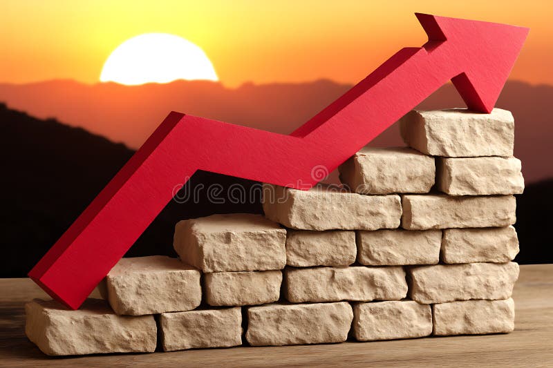 Ascending Red Arrow on Stone Wall Against Sunset: a Symbol of Growth ...