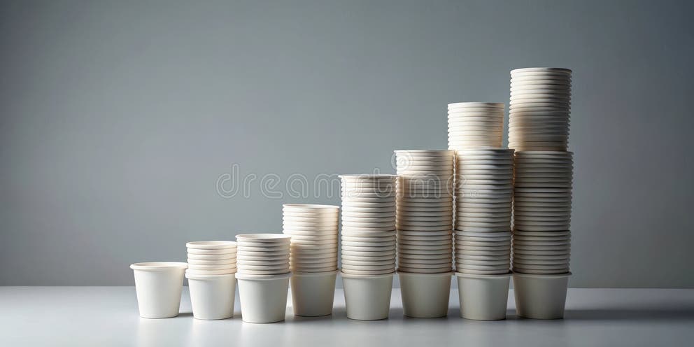 Ascending Stacks of Disposable Cups on a Table Against a Neutral ...