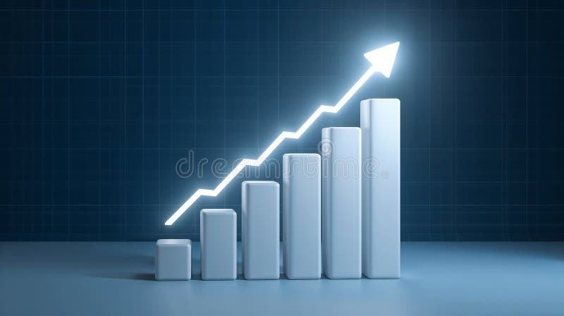 Ascending White Bar Graph with Glowing Arrow on Dark Blue Background ...