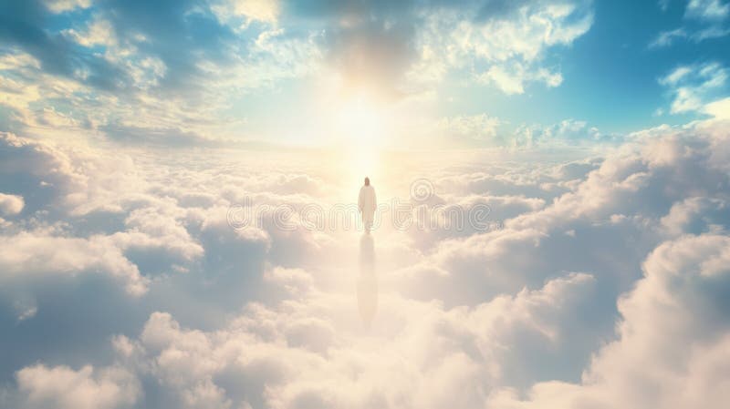 Ascension a Figure Walks through the Heavenly Clouds Towards Divine ...