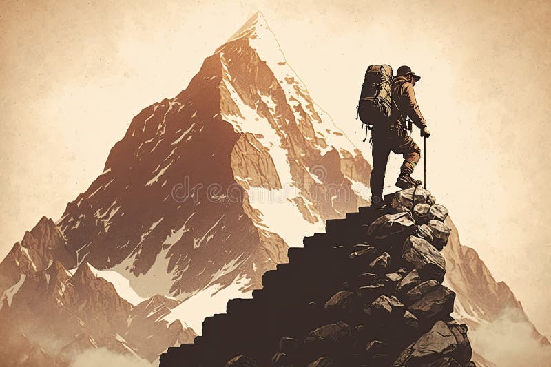 The Ascent Up the Mountain, with Man Climbing Steadily and Reaching the ...