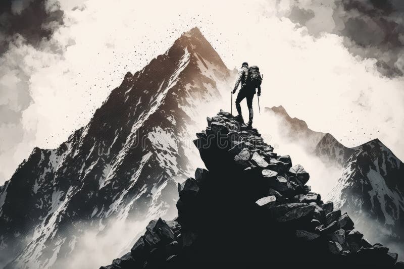 The Ascent Up the Mountain, with Man Climbing Steadily and Reaching the ...