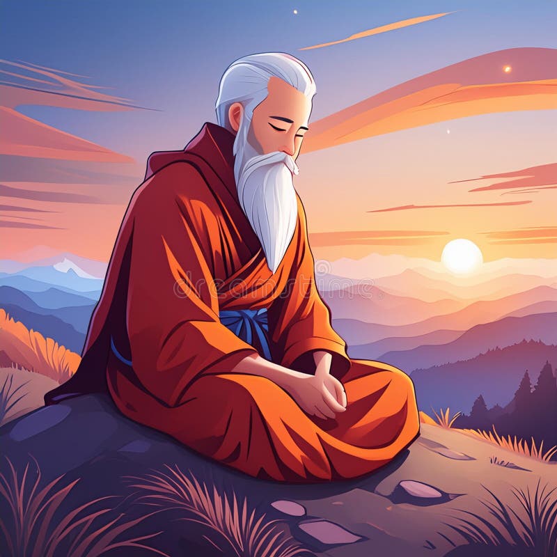 A Ascetic Monk Man with Long White Beard and Closing Eyes Seating ...