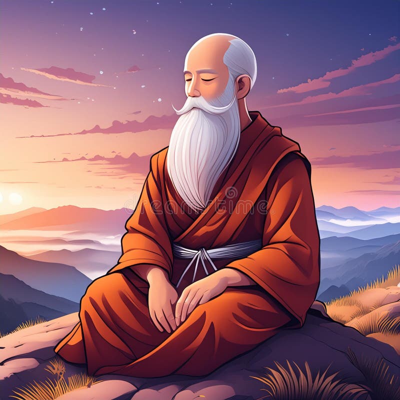 A Ascetic Monk Man with Long White Beard and Closing Eyes Seating ...