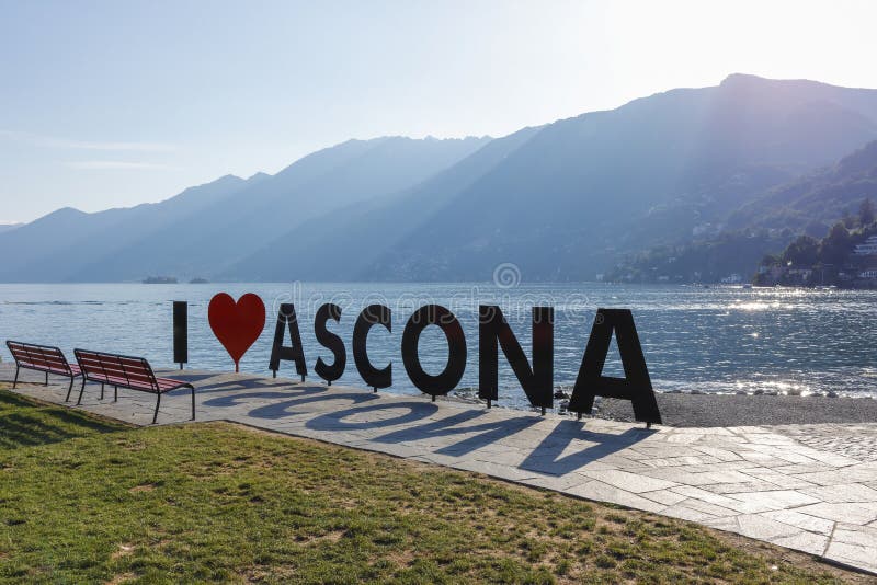 Ascona Lettering at the Lake Promenade Stock Image - Image of mountains ...