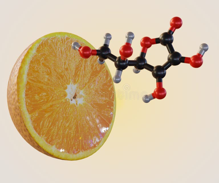 Ascorbic Acid or Vitamin C Molecule with Cut Half Orange Fruit Stock ...