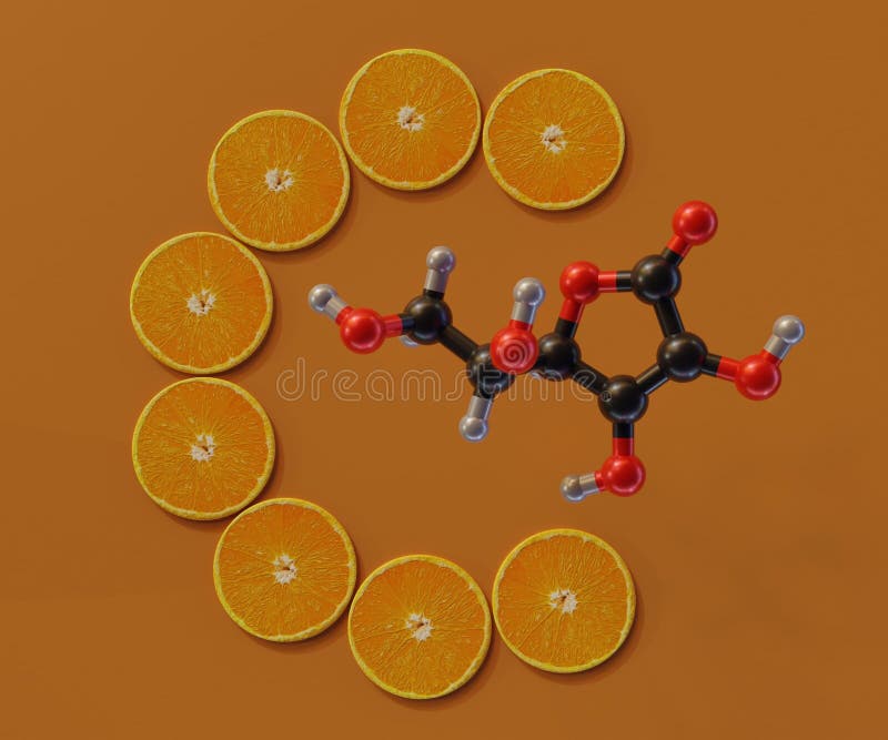 Ascorbic Acid or Vitamin C Molecule with Cut Half Orange Fruit Stock ...