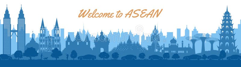 ASEAN Famous Landmarks by Silhouette Style Stock Illustration ...