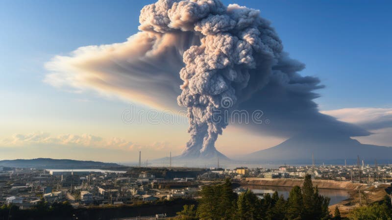 Ash Column after Explosive Volcanic Eruption, Over a City in the ...