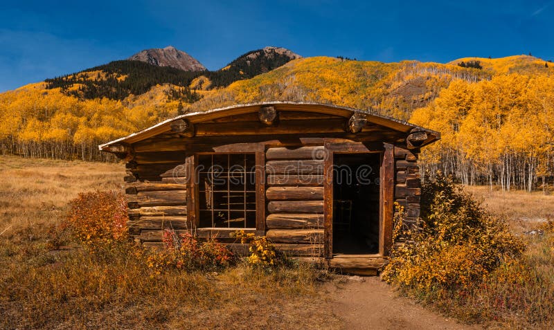 Authentic Log Cabin with Mountain in Autumn Stock Image - Image of ...