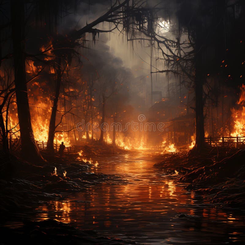 Horror Spooky Burning Forest Under the Full Moonlight. Stock ...