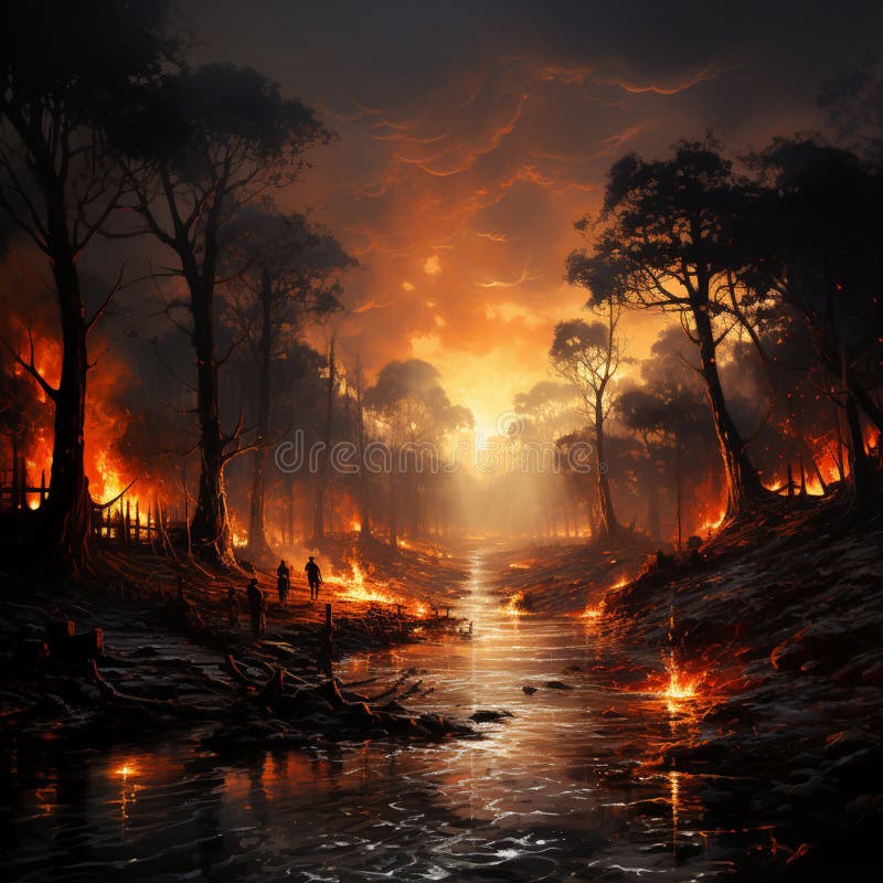 Horror Spooky Burning Forest Under the Full Moonlight. Stock ...